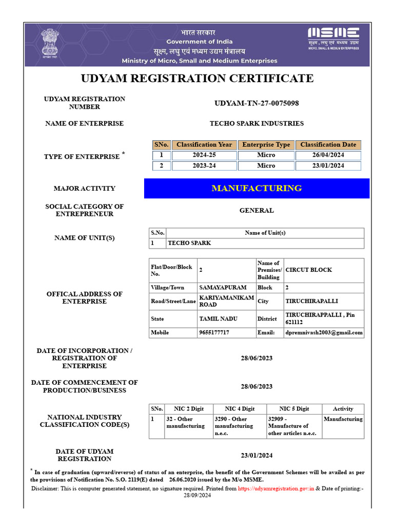 Techo Spark Industries Udayam Certificate | PDF