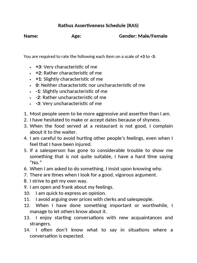 Rathus Assertiveness Scale | PDF | Psychology | Social Psychology