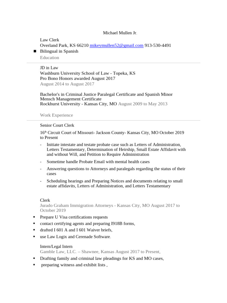 Michael Mullen Jr. Resume | PDF | Topeka | Justice
