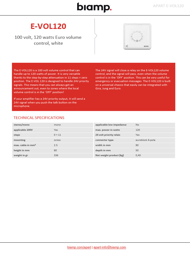 E-VOL120: 100V Volume Control Specs | PDF