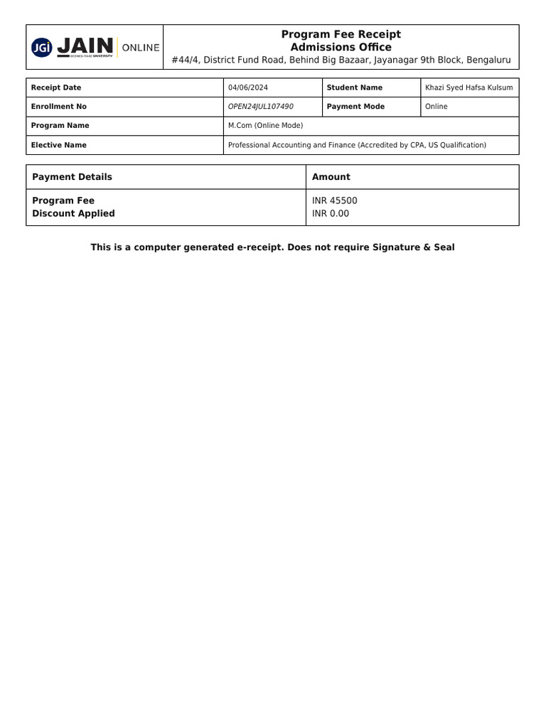 Program Fees Receipt OPEN24JUL107490-1 | PDF