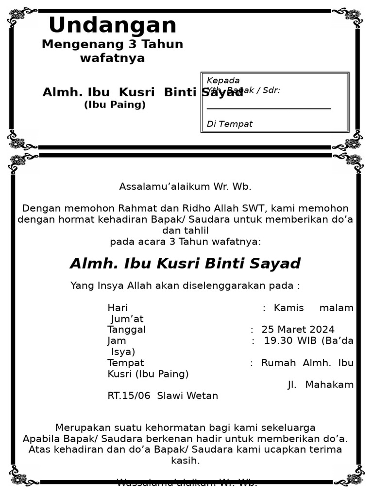 Undangan Tahlil 40 Hari Paing 1 | PDF
