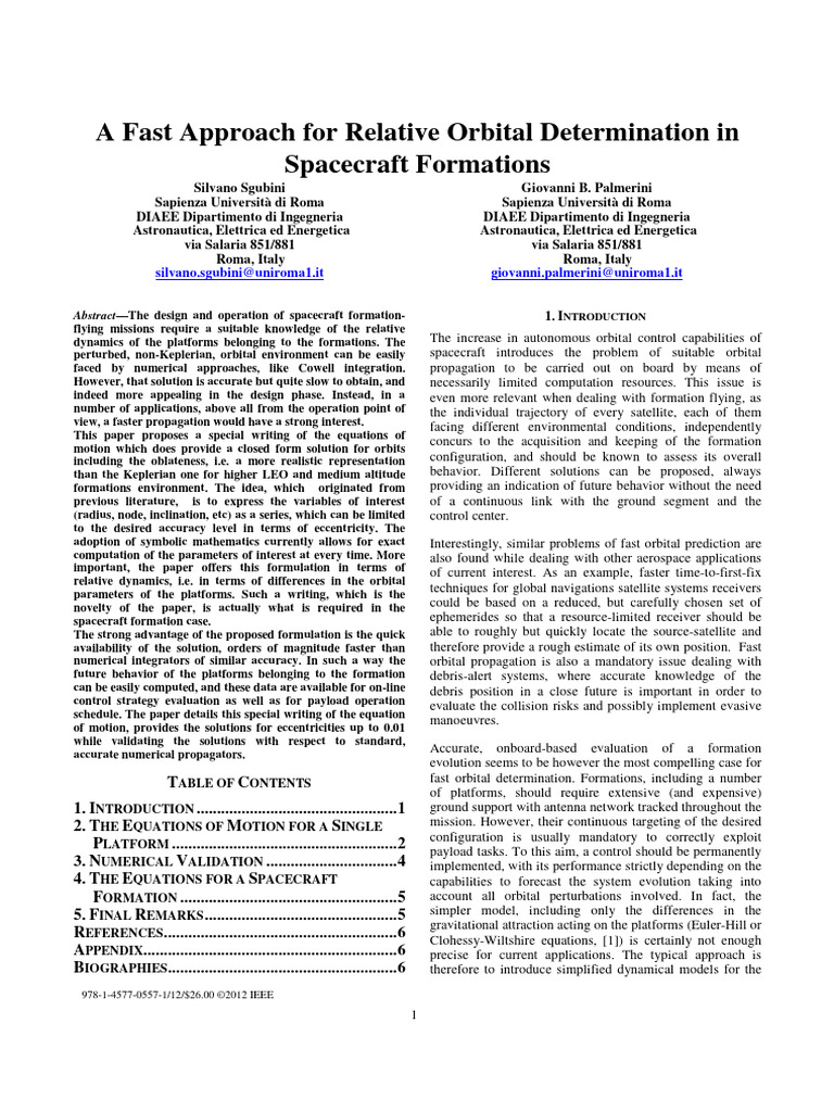 A Fast Approach For Relative Orbital Determination in Spacecraft Formations | PDF | Orbit | Angle