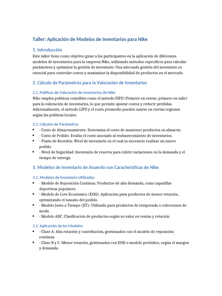 Taller Modelos Inventario Nike | PDF | Lean Manufacturing | Economias