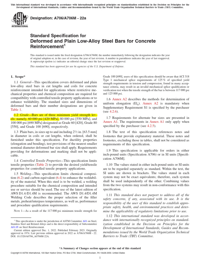 ASTM A706_22a | PDF | Strength Of Materials | Ultimate Tensile Strength