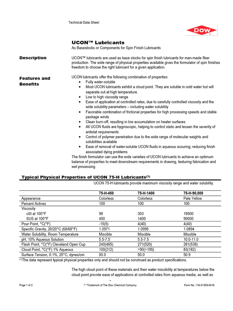 118 01309 01 Ucon Lubricants As Basestocks For Spin Finish Lubricants Tds | PDF | Lubricant ...