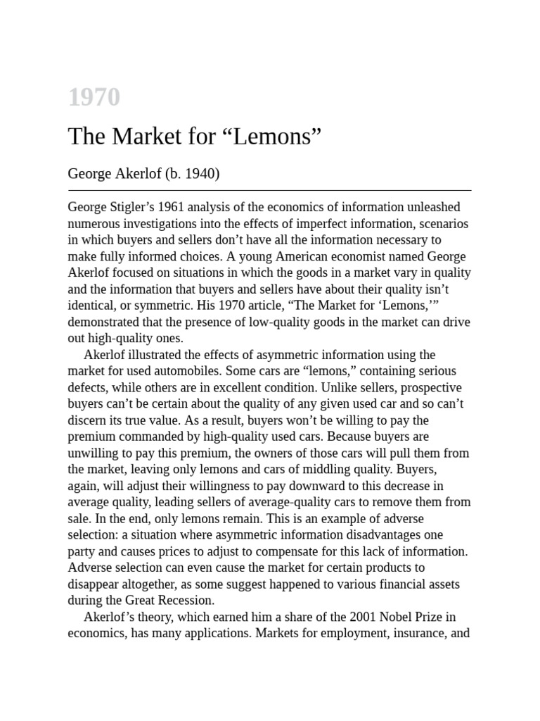 1970 Akerlof e The Market For Lemons | PDF | Adverse Selection | Market ...