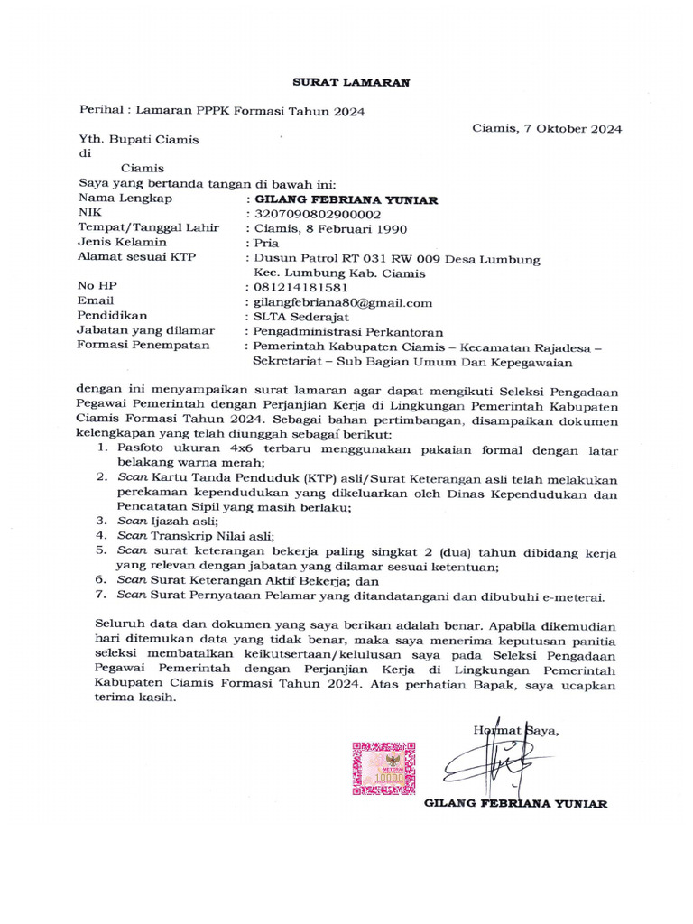 Surat Lamaran Gilang | PDF