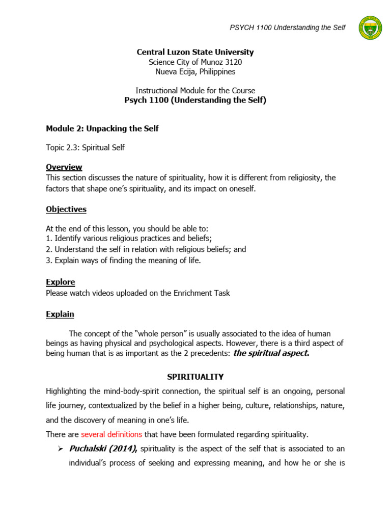 Topic 2.4 Spiritual Self Handout | PDF | Spirituality | Self