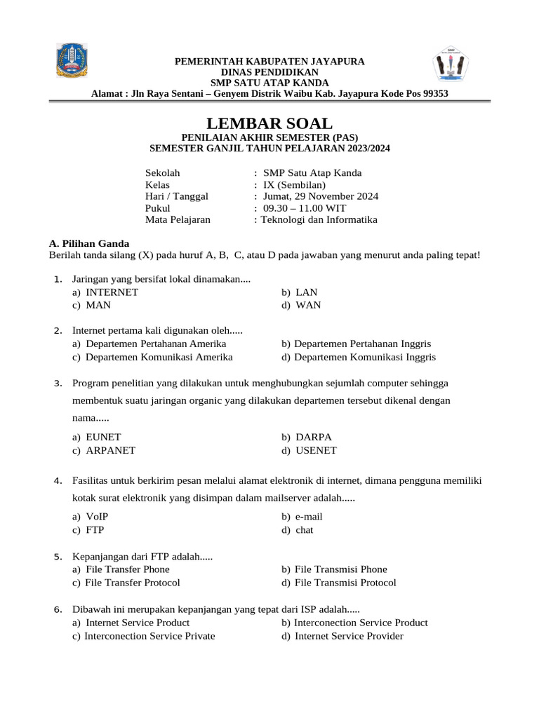 Soal TIK Kelas 9 - Nov 2024 | PDF