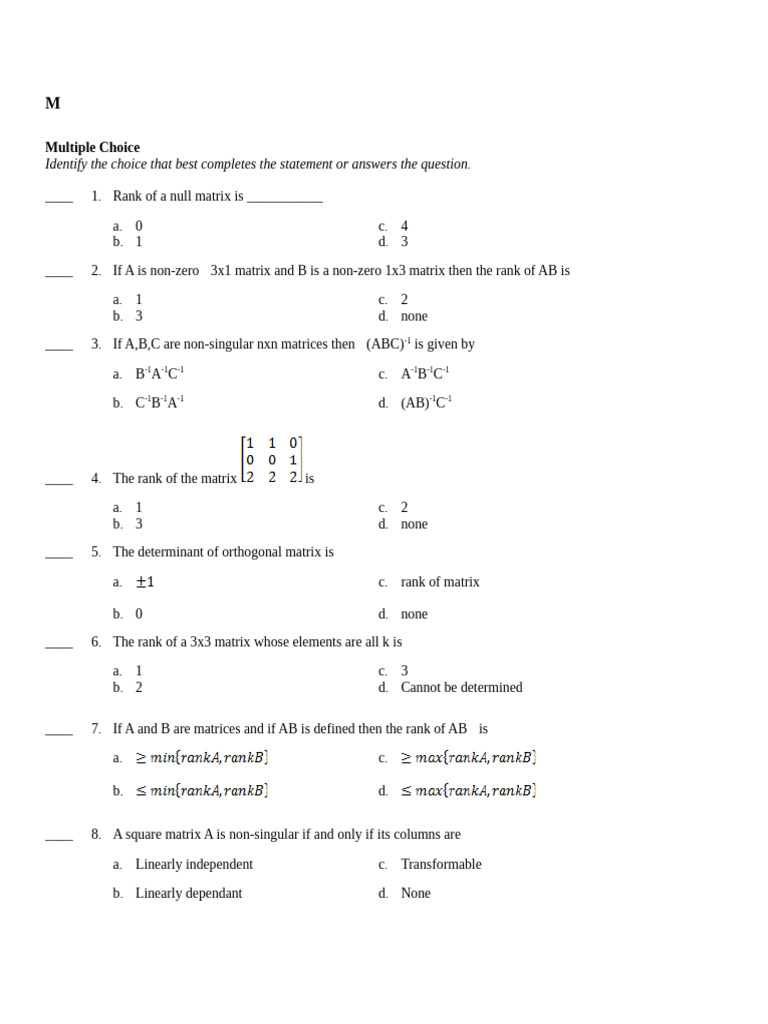 La C Mid 1 Mcq Pdf Matrix Mathematics Eigenvalues And Eigenvectors