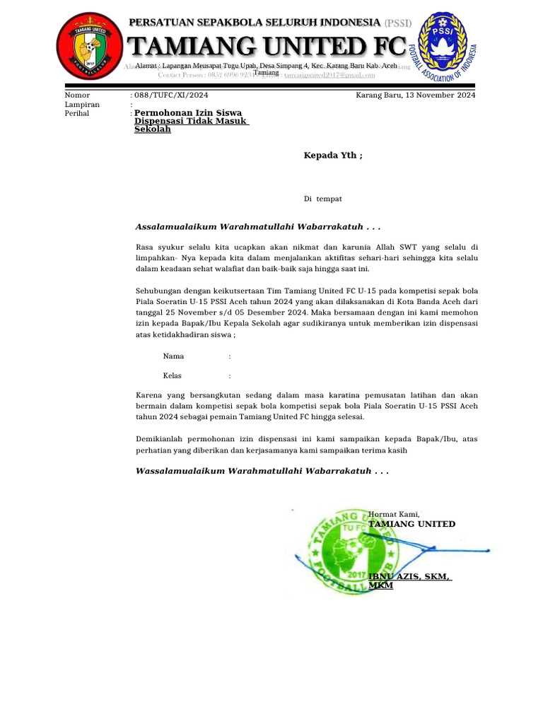 Dispensasi Siswa Soeratin U-15 | PDF