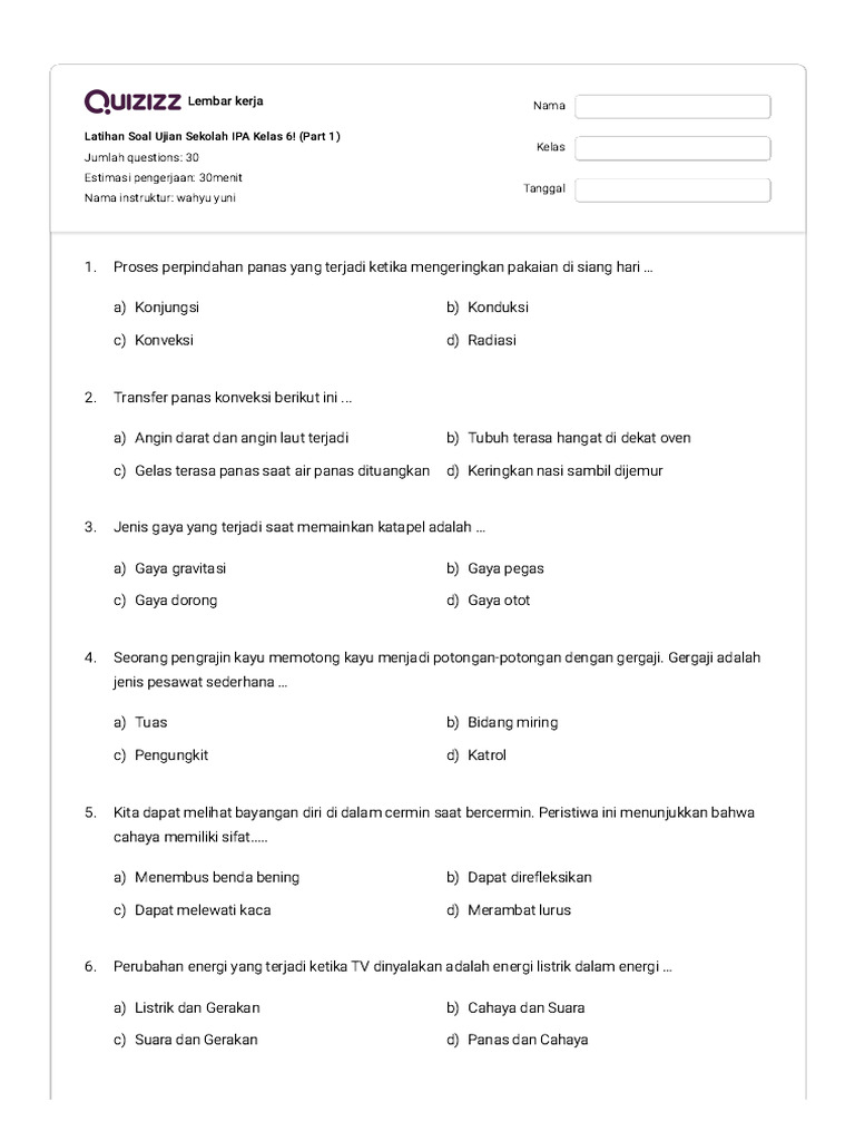 Latihan Soal Ujian Sekolah IPA Kelas 6! (Part 1) - Quizizz | PDF