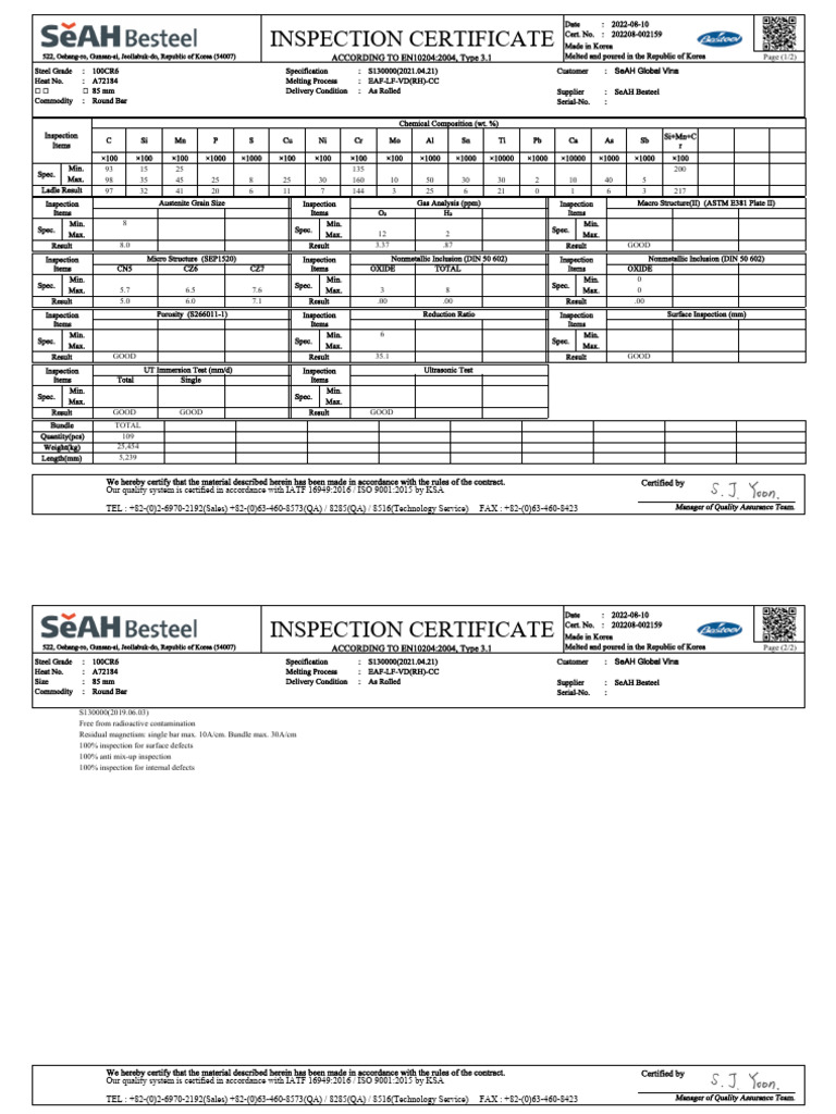 Mill Test Certificate - Heat No A72184 - Round Bar - OD 85mm | PDF ...