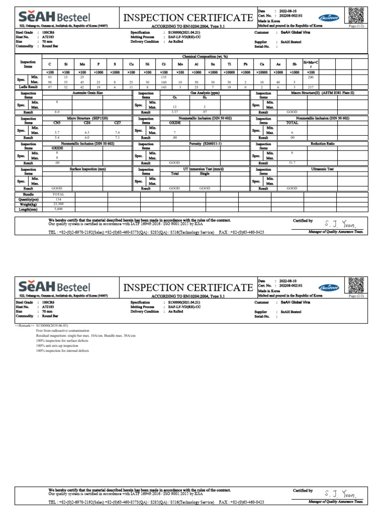 Mill Test Certificate for 70mm Round Bar | PDF | Materials | Metals