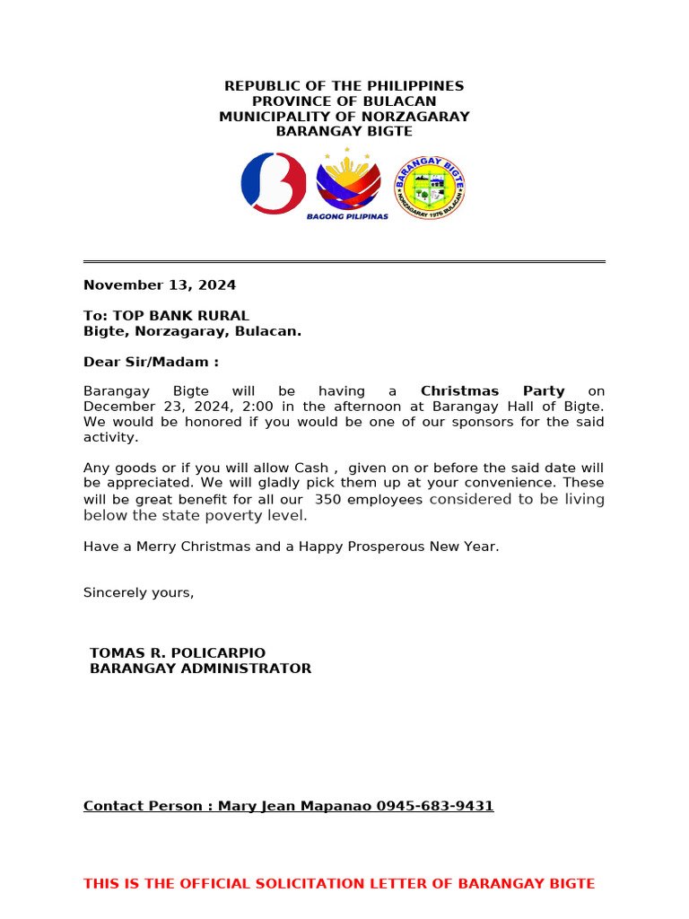 Solicitation 2024 Barangay | PDF | Cooking, Food & Wine | Law