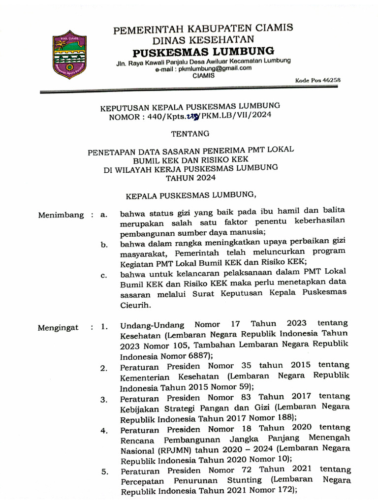 Sk. Penetapan Data Sasaran Penerimaan PMT Lokal Bumil Kek Dan Resiko Kek | PDF