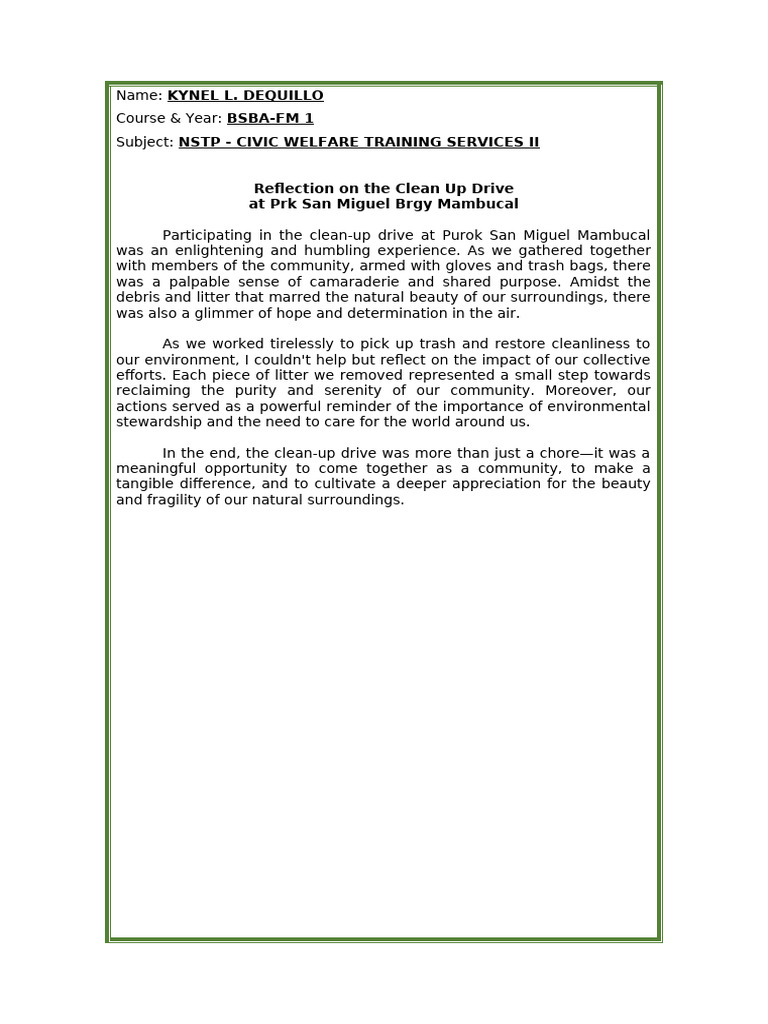 Dequillo NSTP Reflecton 1 Clean Up Drive San Miguel | PDF | Science ...
