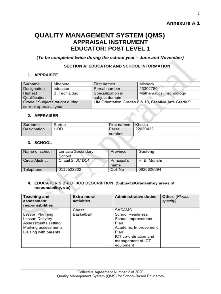 QMS Appraisal for Educators: Post Level 1 | PDF | Learning | Teachers