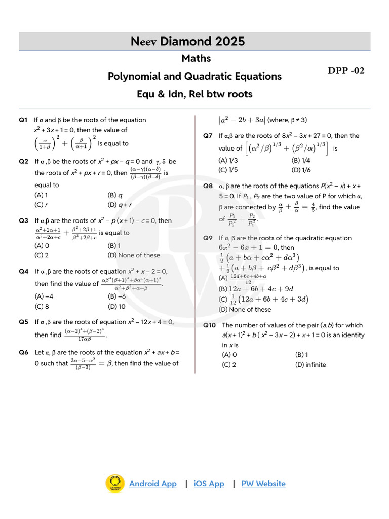 Polynomial and Quadratic Equations - DPP 02 - Neev Diamond 2025 Recorded | PDF | Equations ...