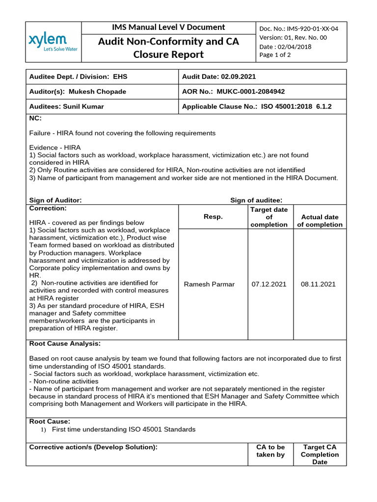 Audit Non Conformity and CA Closure Report - EHS | PDF | Audit | Business