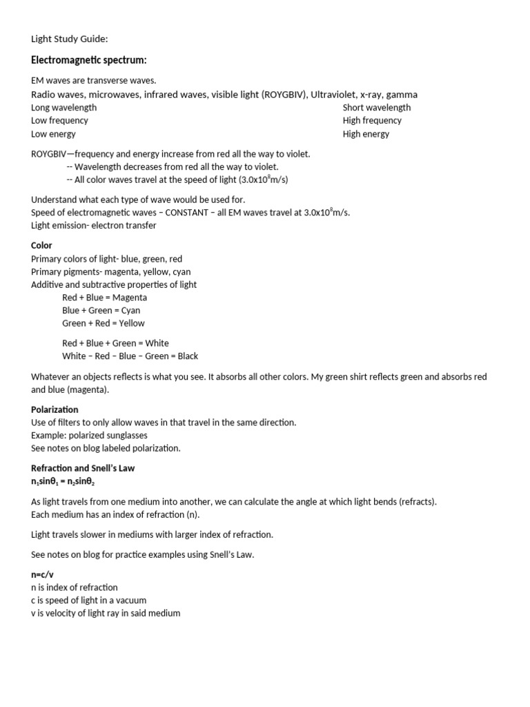 Light Study Guide | PDF | Teaching Methods & Materials | Technology ...