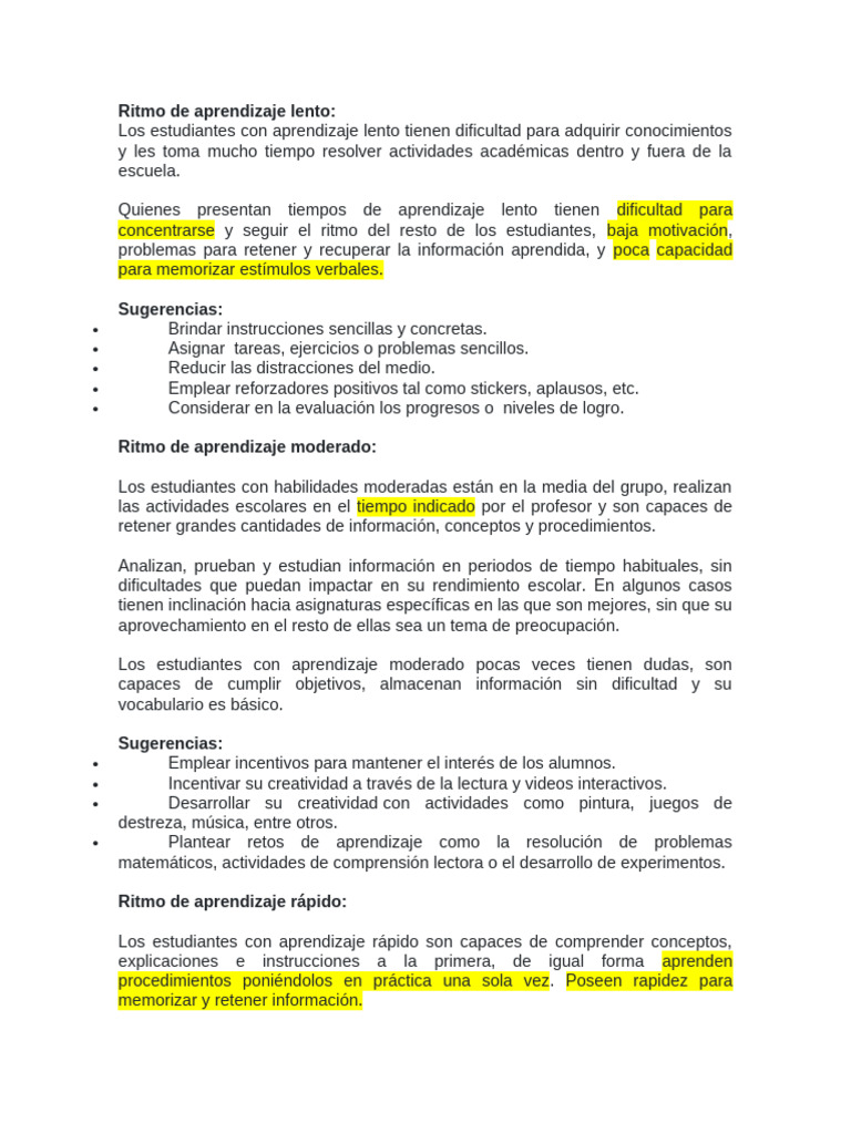 Ritmos de Aprendizaje (Sugerencias) | PDF | Aprendizaje | Cognición