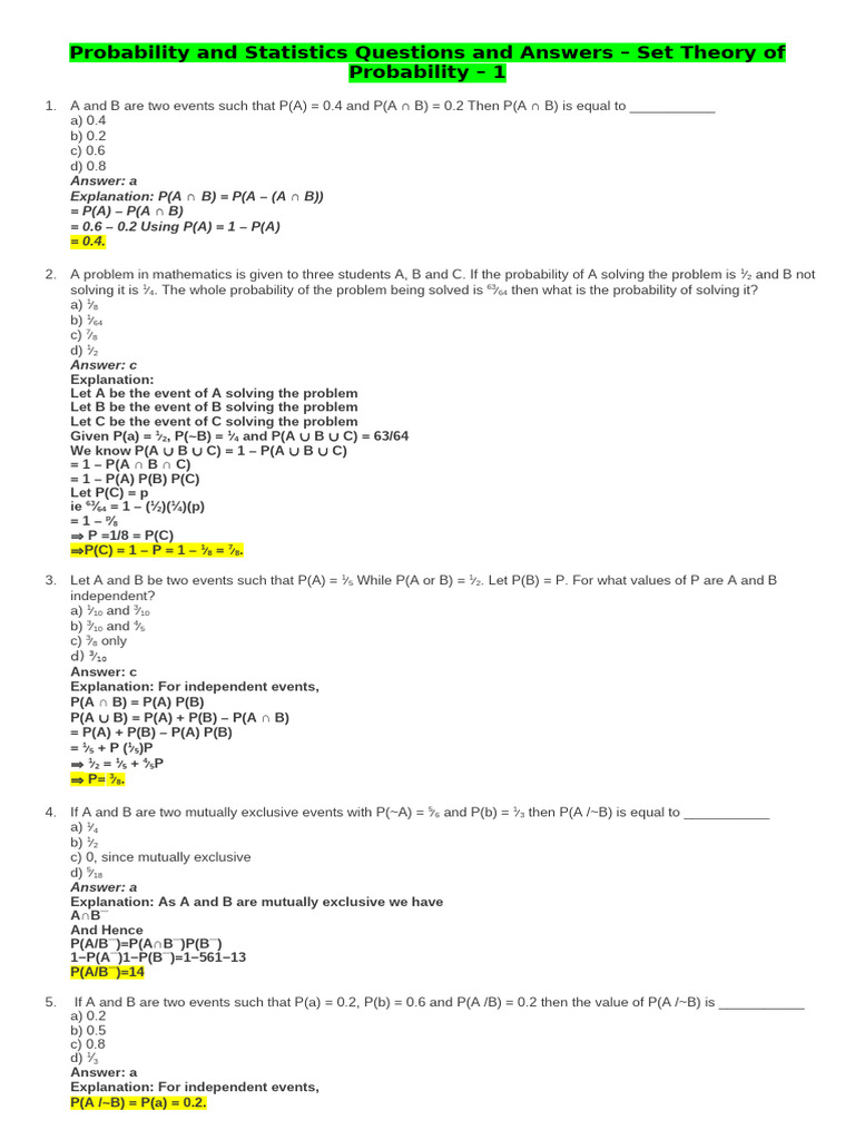Probability and Set Theory Q&A | PDF | Probability | Mathematics