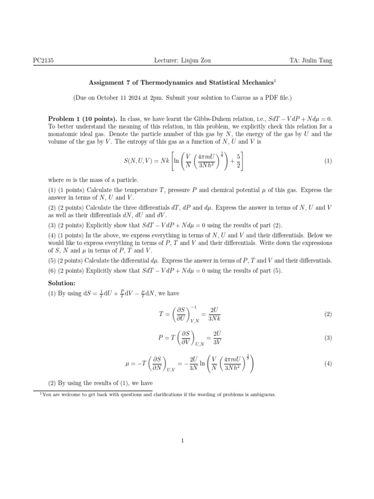 Solution 7 | PDF | Gases | Theoretical Physics