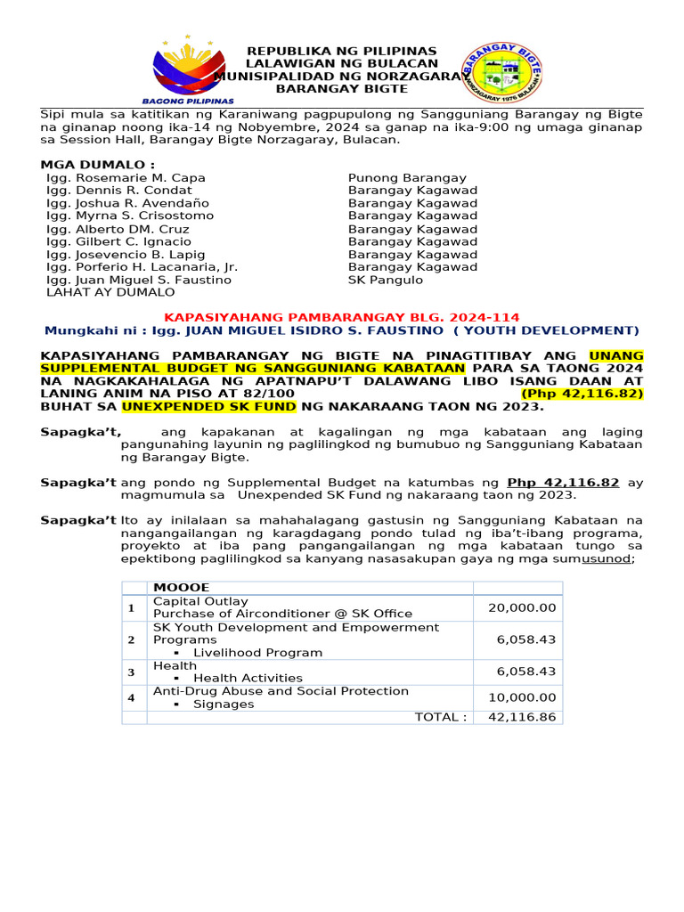 Reso 2024-114 SK Supplemental Budget 2024 | PDF