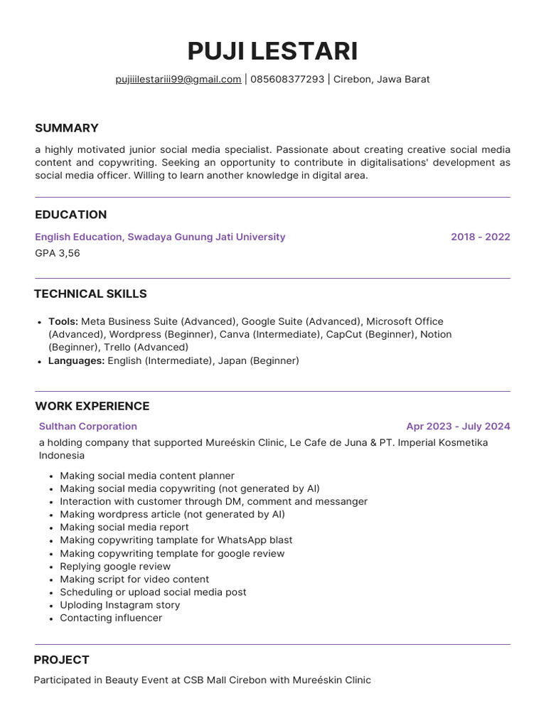 CV - Puji Lestari | PDF | Business | Social Science