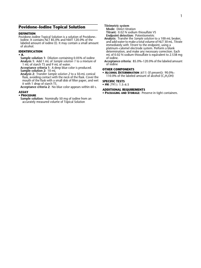 Povidone-Iodine Topical Solution USP | PDF | Titration | Chemistry