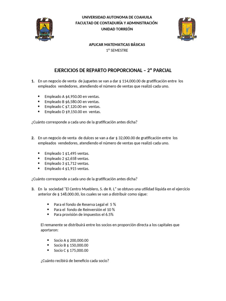 Ejercicios de Reparto Proporcional | PDF | Dividendo