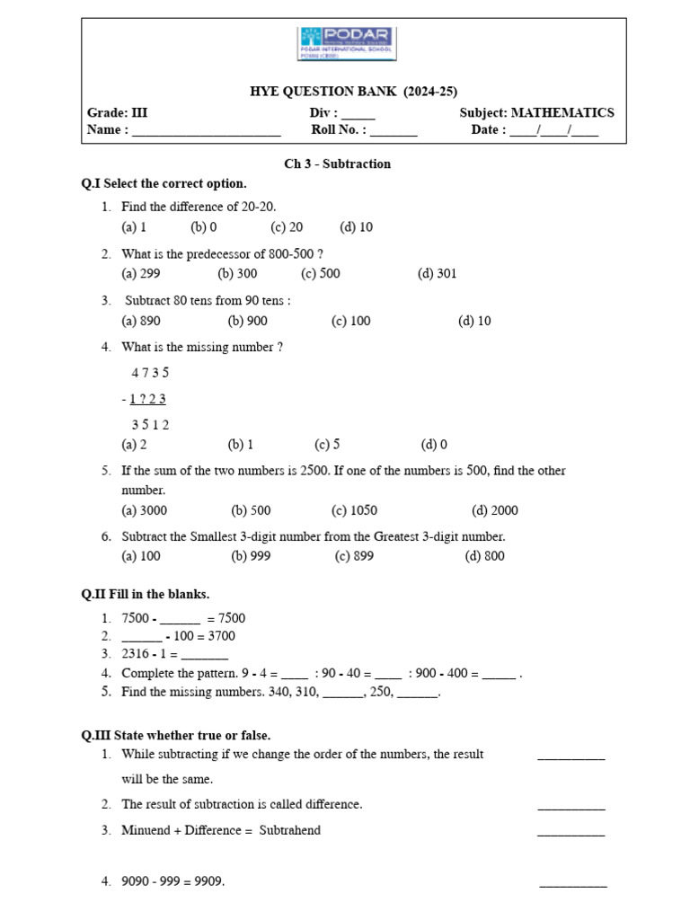 Grade 3 Subtraction Practice Questions | PDF | Subtraction | Mathematics