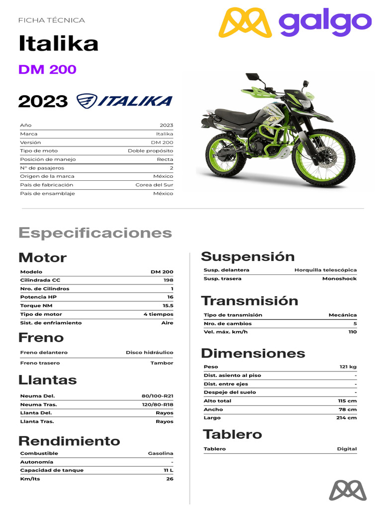 Ficha Técnica Italika DM 200 | PDF