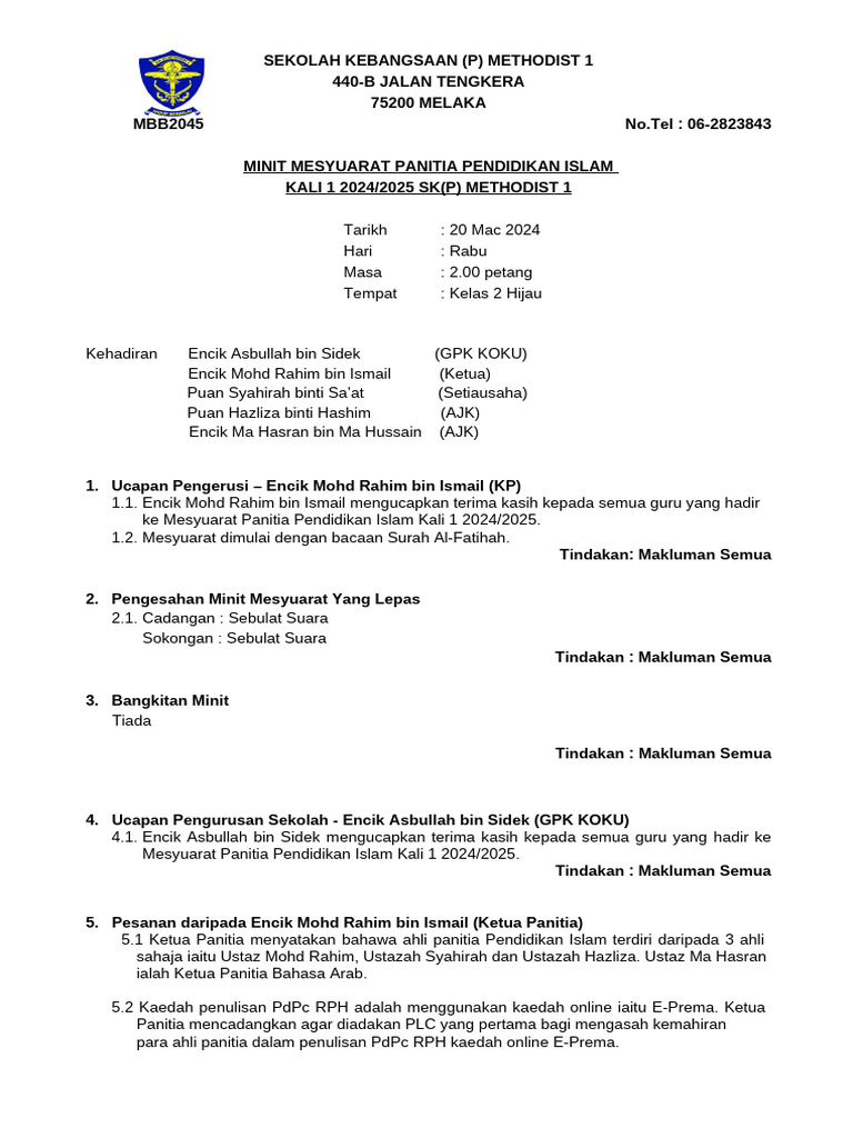 Minit Mesyuarat Panitia Pendidikan Islam Kali 1 2024-2025 | PDF
