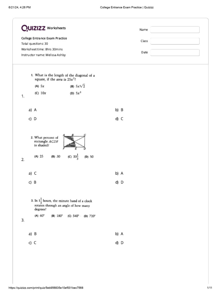 College Entrance Exam Practice Worksheet | PDF