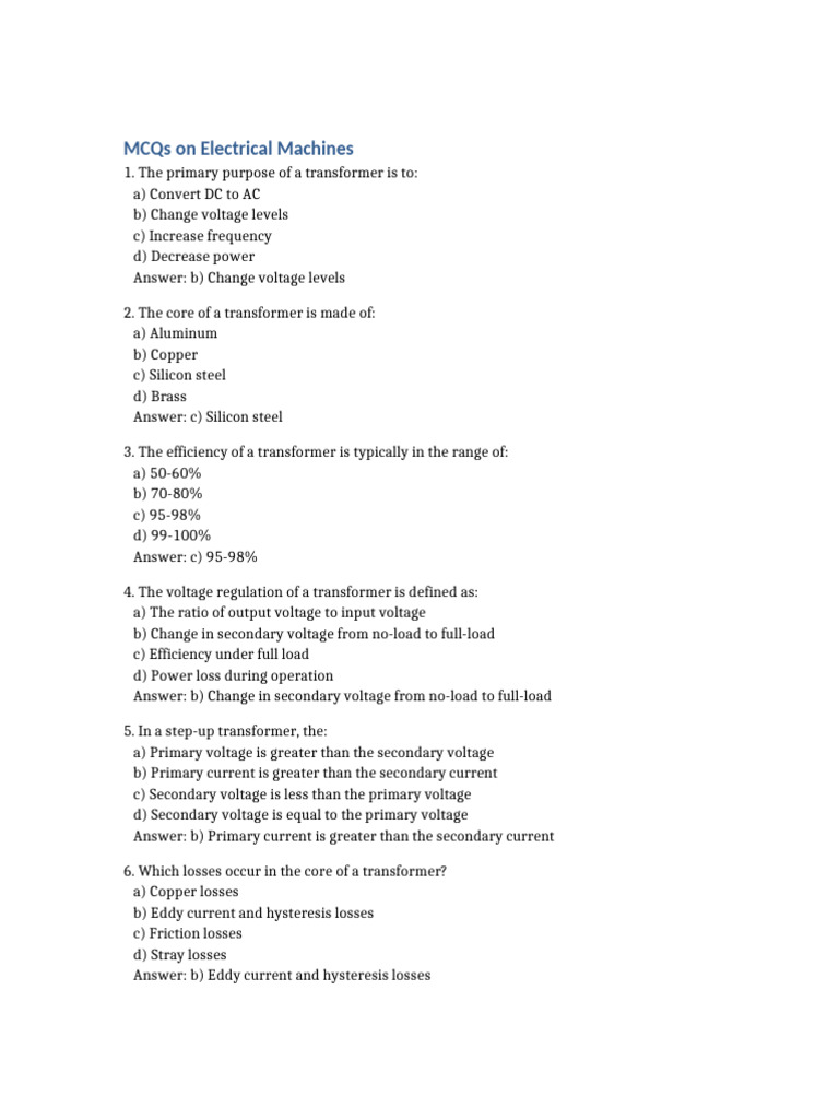 Electrical_Machines_MCQs | PDF | Electric Motor | Transformer Electrical_Machines_MCQs | PDF | Electric Motor | Transformer