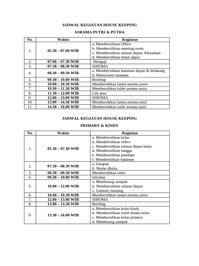 Jadwal Kegiatan House Keeping | PDF