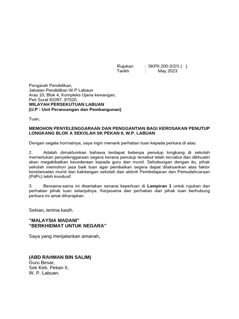 SURAT ADUAN KEROSAKAN Penutup Longkang 2023 | PDF