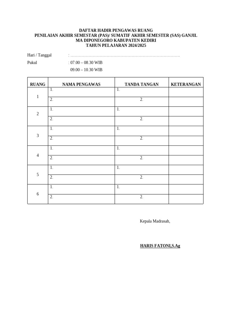 Daftar Hadir Pengawas PAS 2024 | PDF
