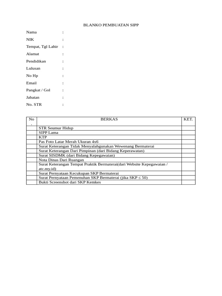 Blanko Pembuatan Sipp | PDF | Karier & Perkembangan | Pengelolaan Keuangan & Uang