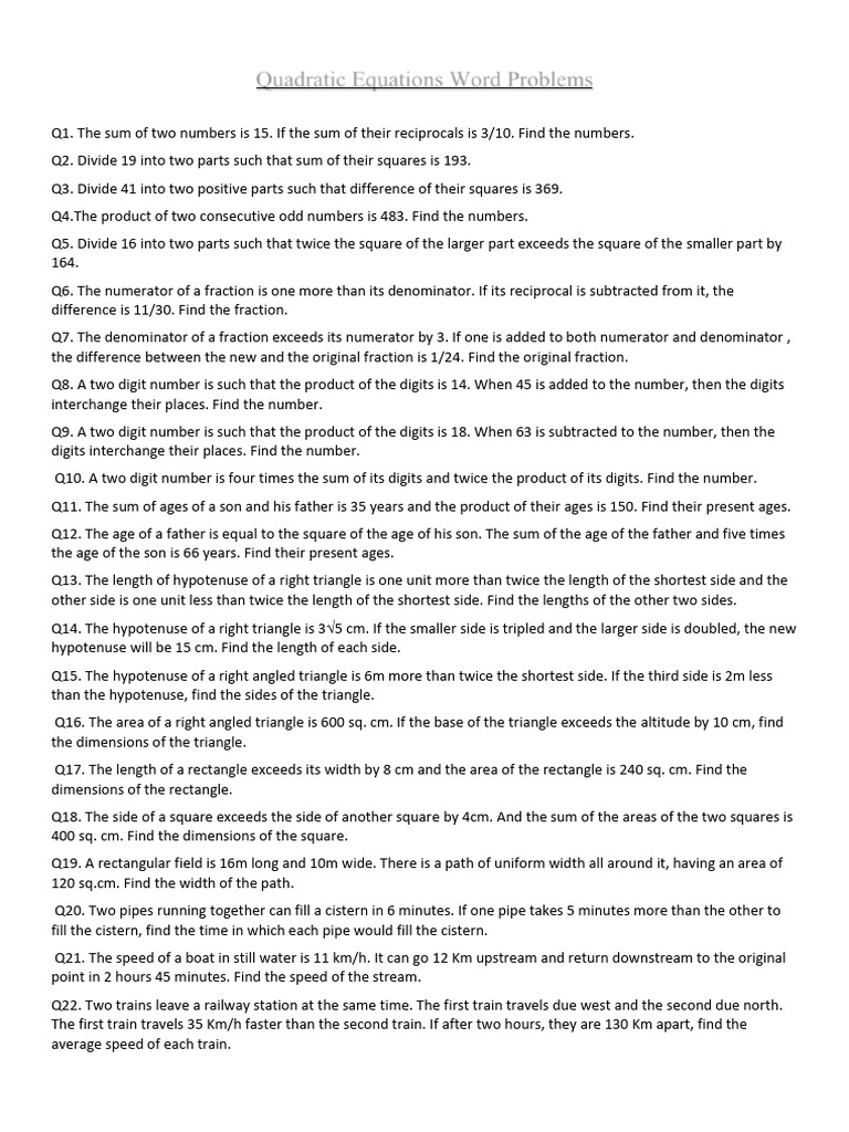 Quadratic Equations Word Problems | PDF | Triangle | Length