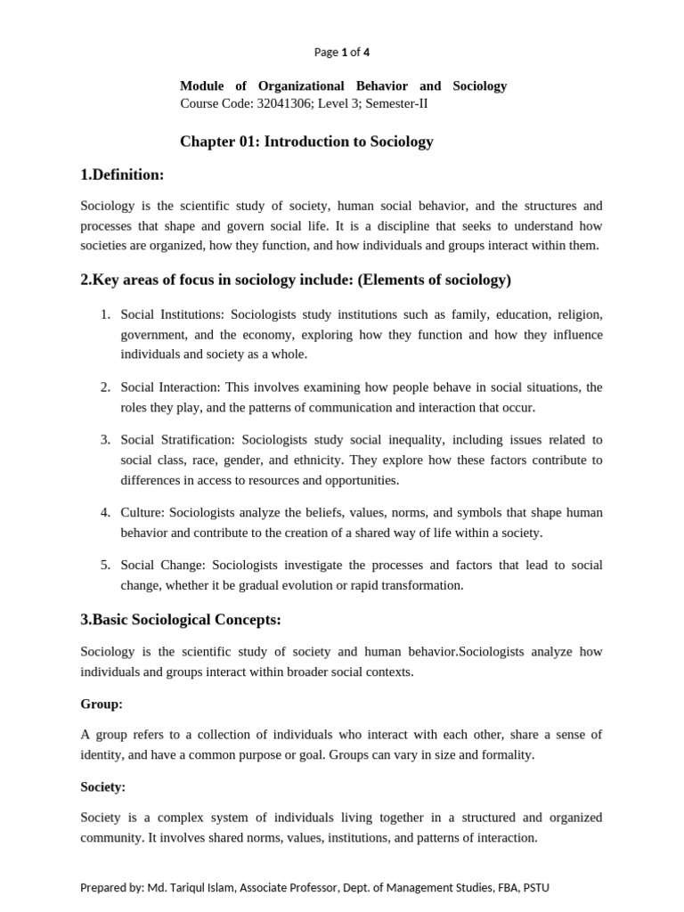 Chapter 01 Introduction To Sociology | PDF | Sociology | Society