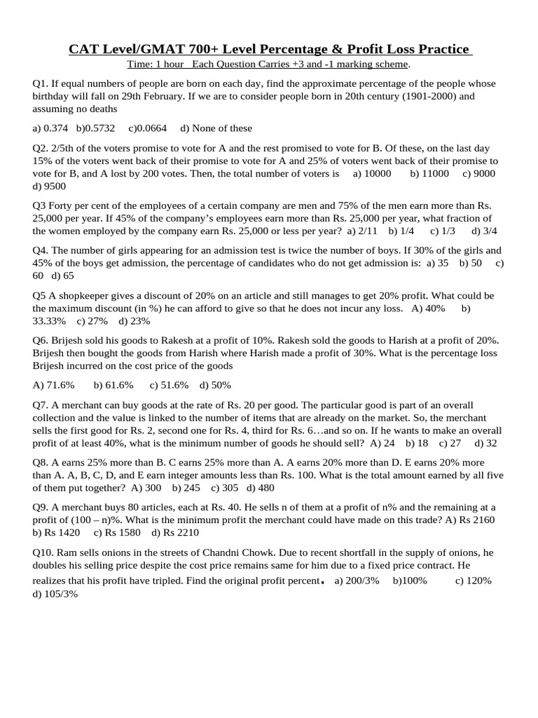 CAT Level Percentage Profit & Loss Practice | PDF | Economies | Business