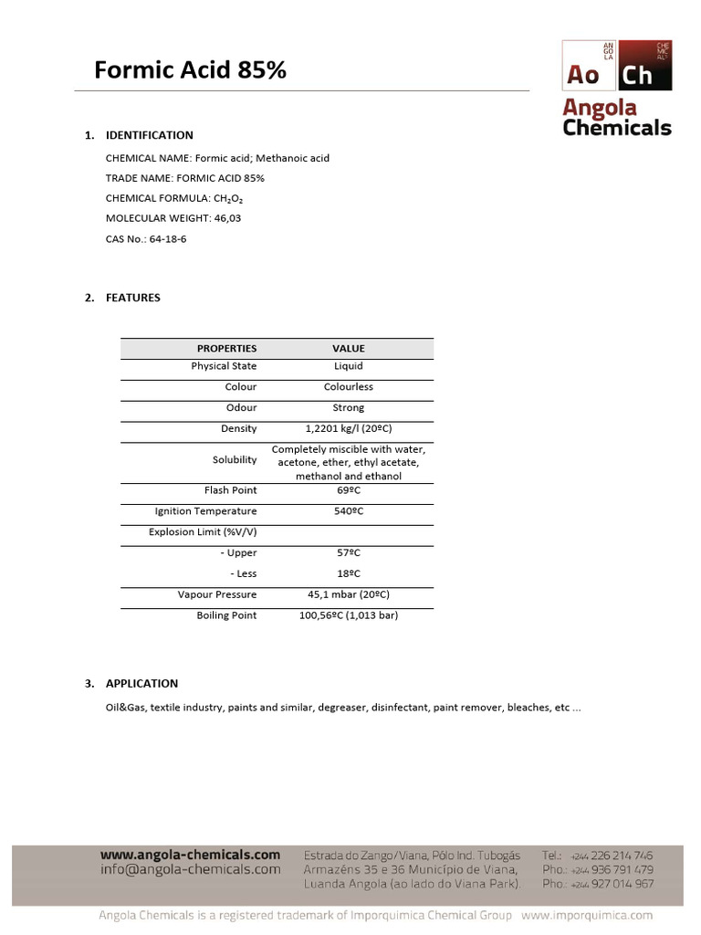 Formic Acid 85% - Angola Chemicals | PDF | Science & Mathematics