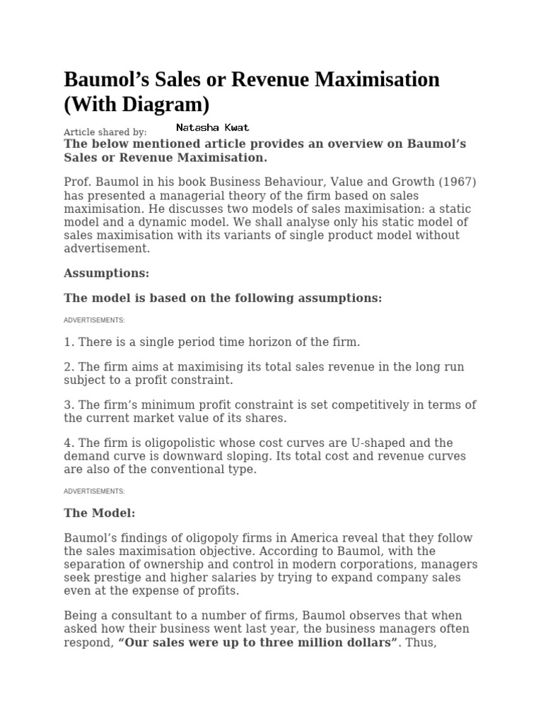 Baumol's Sales Maximization Theory Explained | PDF | Profit (Economics ...