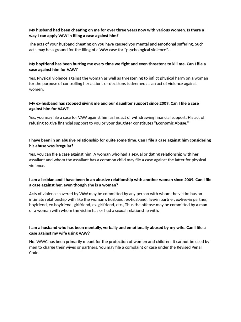 VAWC Questions | PDF | Violence | Domestic Violence