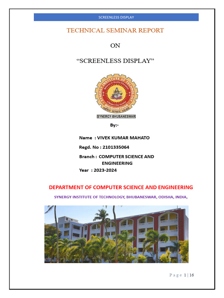 Vivek - Screenless Displays Seminar Report | PDF | Holography ...