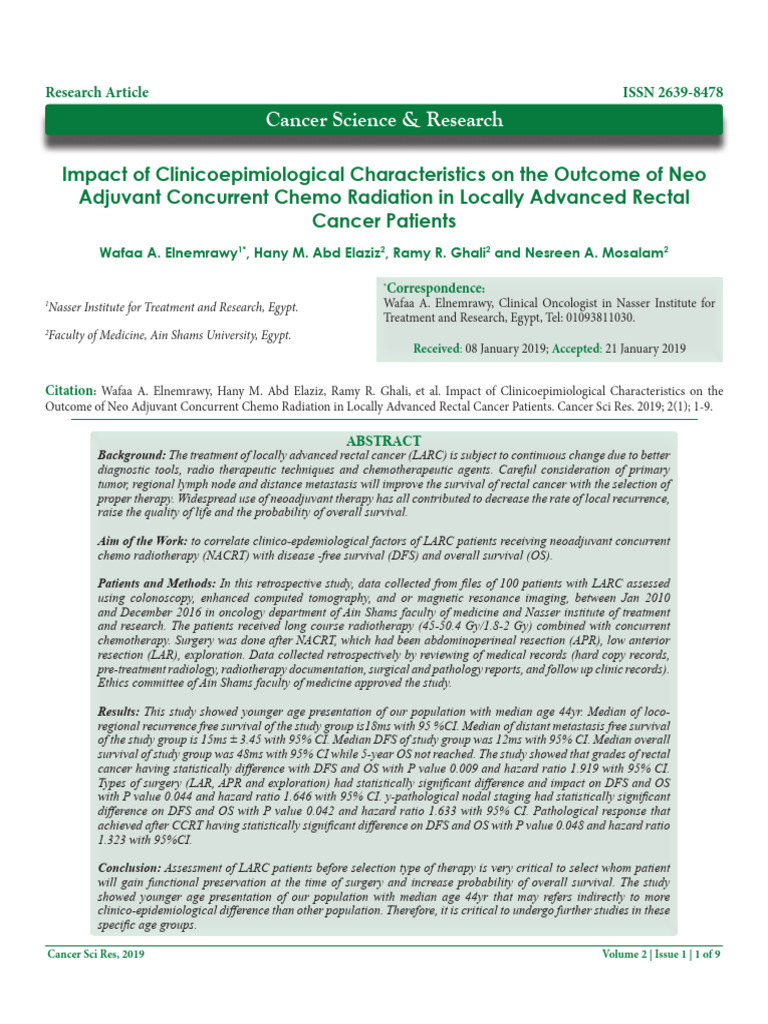 Impact of Clinicoepimiological Characteristics On The Outcome of Neo ...